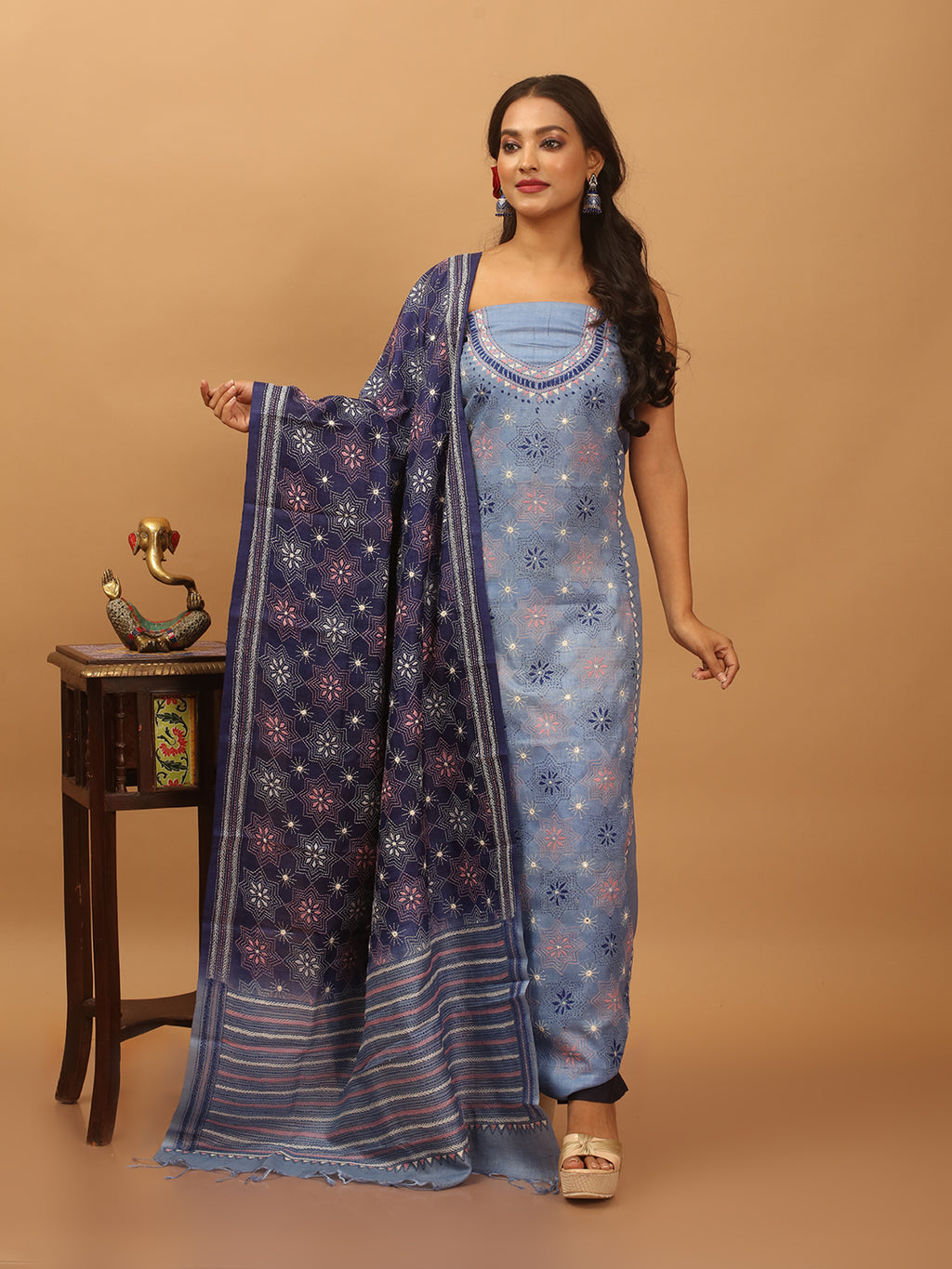 Indigo & Sky Blue Pure Tussar Silk Dress Material with Hand Kantha Emb ...