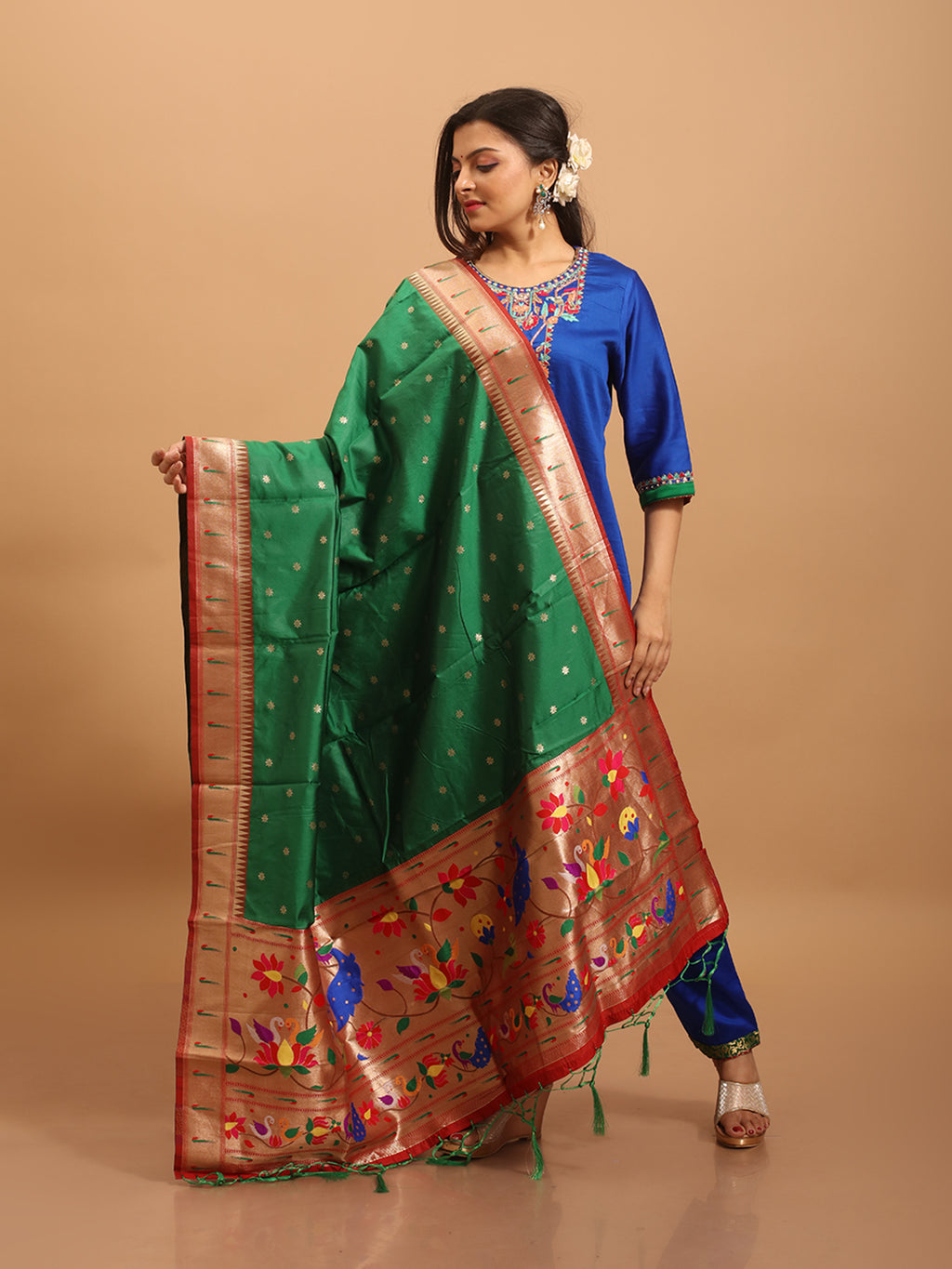 Royal Blue Cotton Silk Kurta Set with Hand Aari Embroidery & Paithani ...