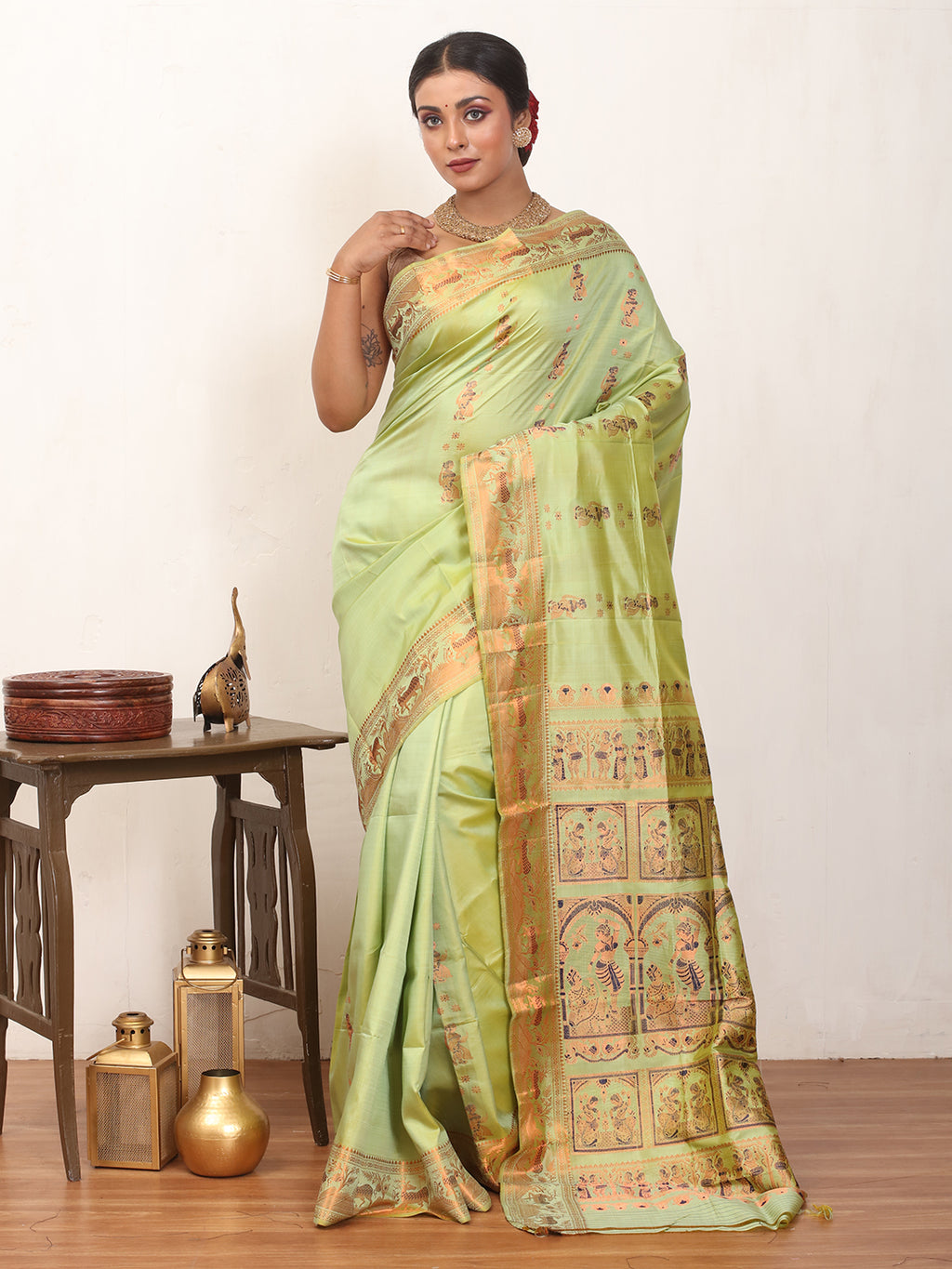 Green-Yellow Dual Tone Swarnachari With Golden Zari And Resham Mina Wo ...